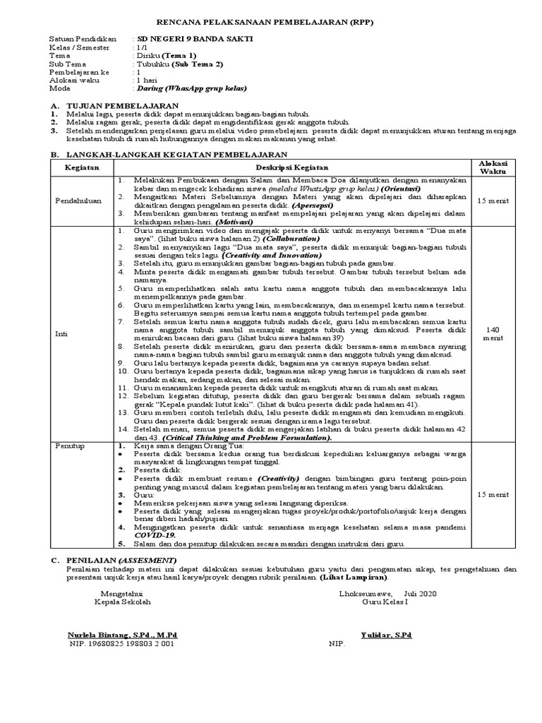 RPP Daring Kelas 1 Tema 1 Subtema 2 | PDF