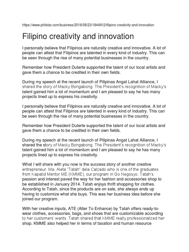 Filipino Creativity and Innovation | PDF | Mentorship | Entrepreneurship
