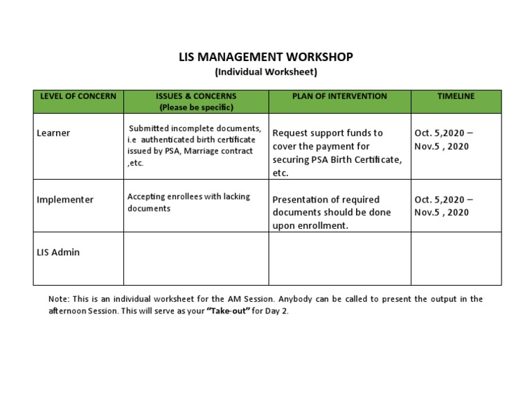 Lis Management Workshop: (Individual Worksheet) | PDF