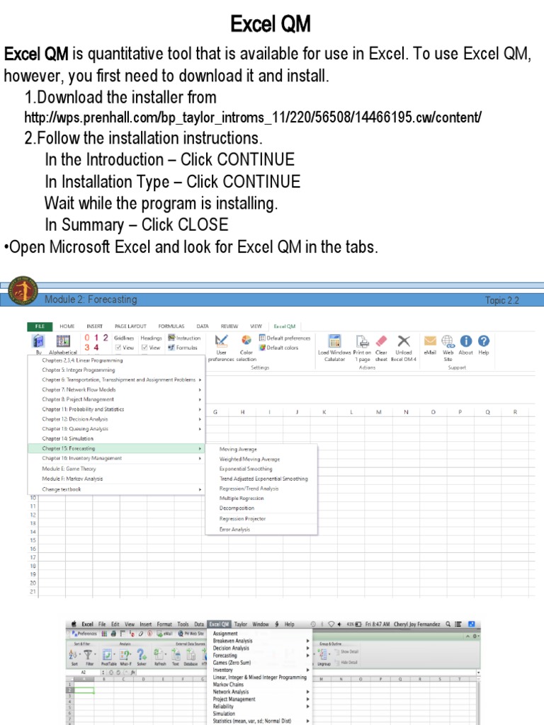 Installing Excel QM for Windows | PDF