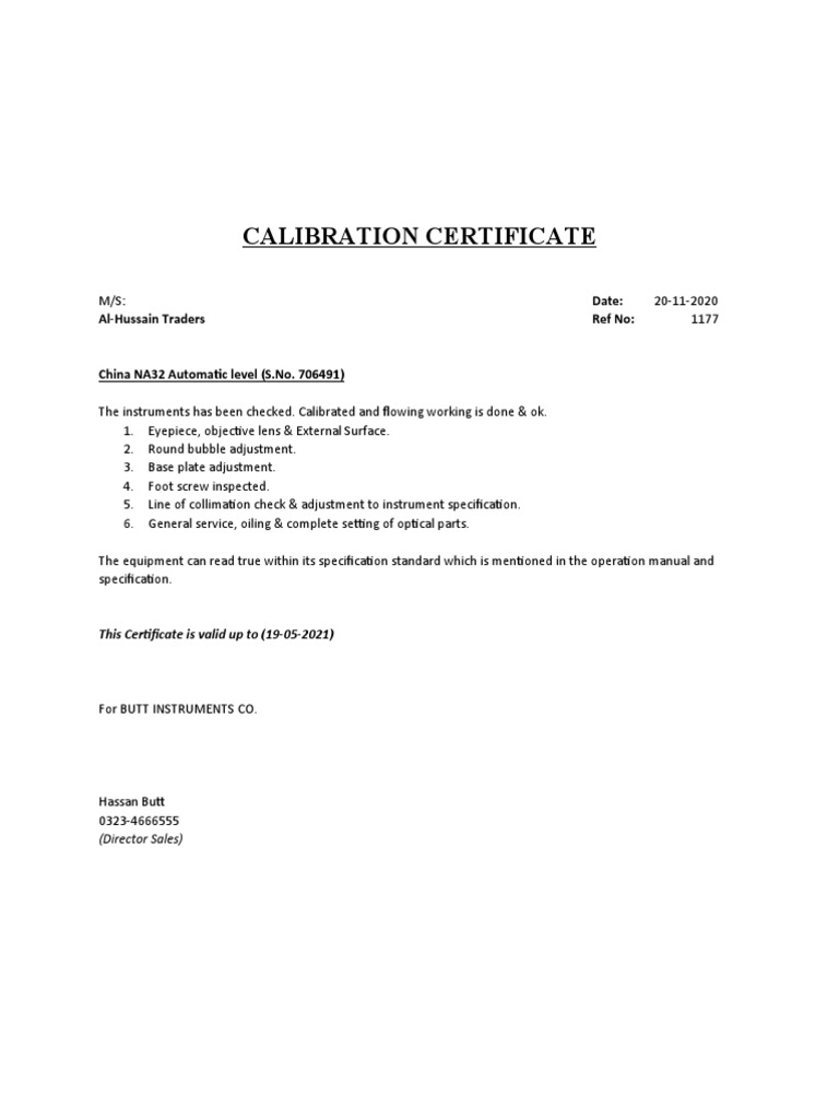 Calibration Certificate of Auto Level | PDF