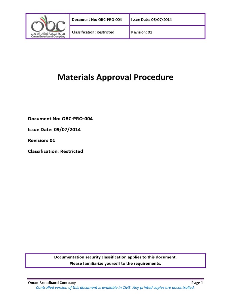 PRO-PLN-001 Materials Approval Procedure | PDF | Specification (Technical Standard) | Government