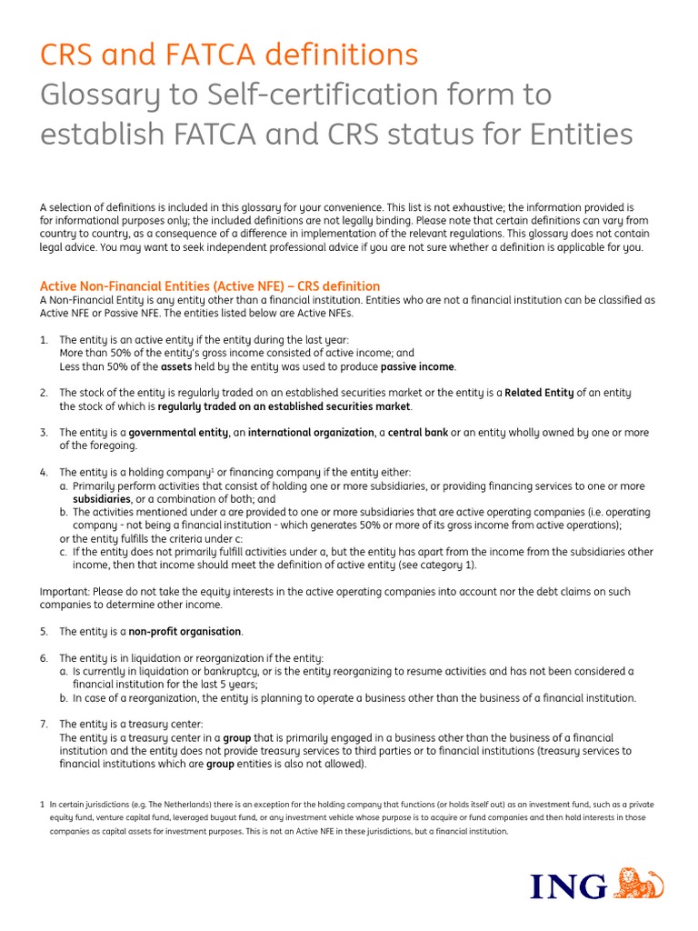 Glossary To Self-Certification Form To Establish FATCA and CRS Status ...