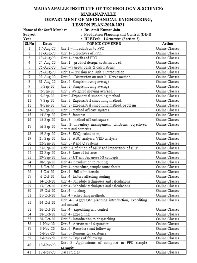 PPC Lesson Plan for Mechanical Engineering | PDF | Educational ...