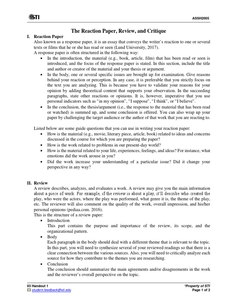 The Reaction Paper, Review, and Critique | PDF | Writers | Essays