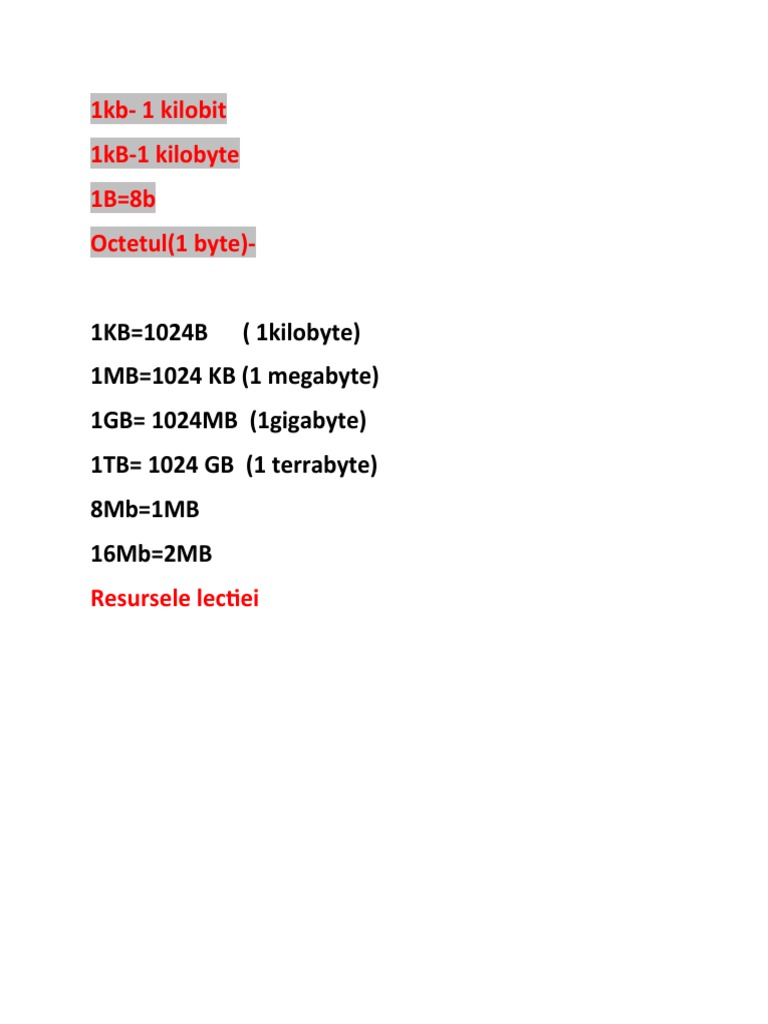 1kb-1 Kilobit 1kB-1 Kilobyte 1B 8b Octetul (1 Byte) | PDF