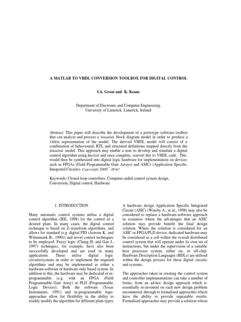 A Matlab To VHDL Conversion Toolbox For Digital Control | PDF
