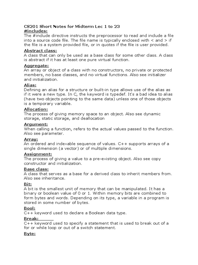 CS201 Short Notes For Midterm Lec 1 To 23 | PDF | C++ | Constructor ...