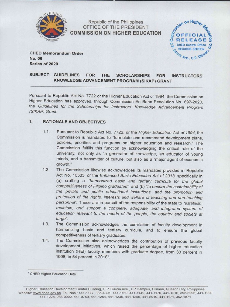 CMO 6 S. 2020 Guidelines For The Scholarships For Instructors Knowledge ...