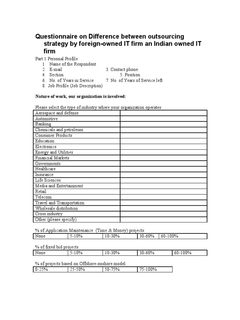 Questionnaire On Difference Between Outsourcing Strategy by Foreign ...