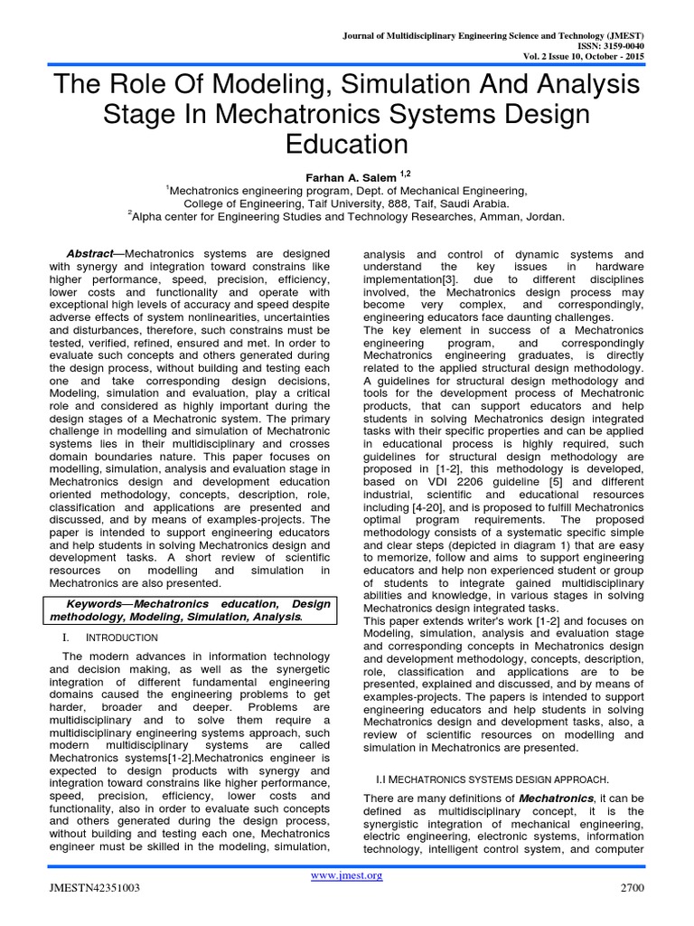 The Role Of Modeling Simulation And Analysis Stage In Mechatronics Systems Design Education Pdf