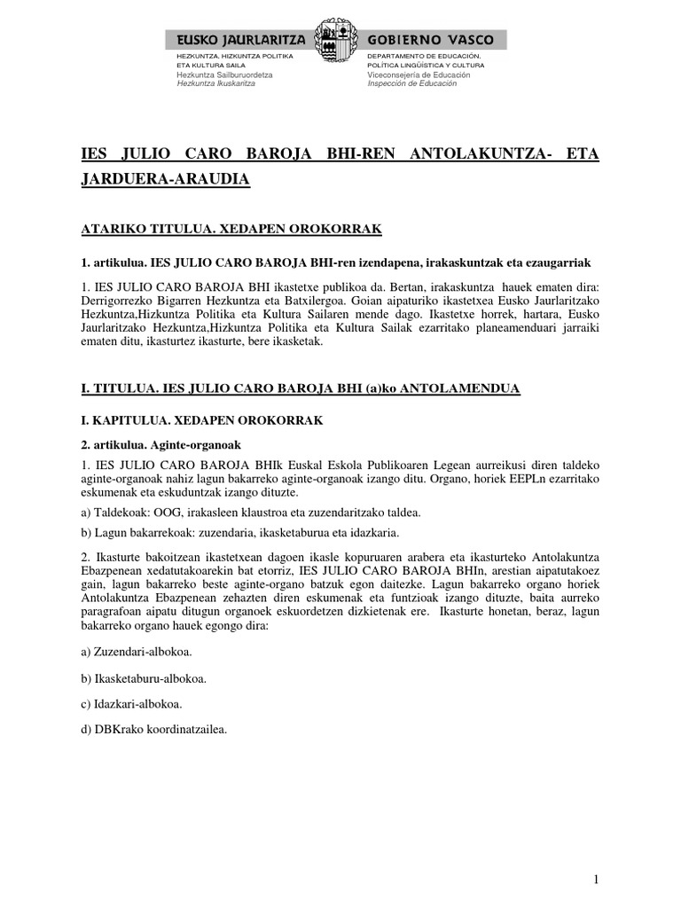 Ies Julio Caro Baroja Bhi-Ren Antolakuntza-Eta Jarduera-Araudia | PDF