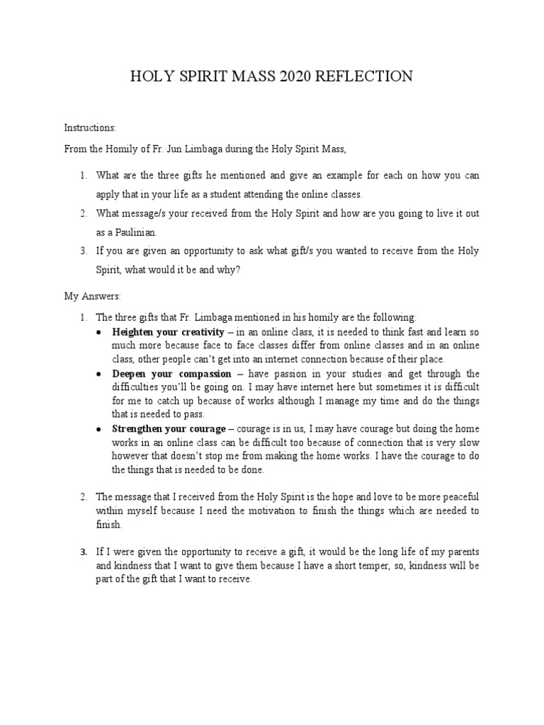 Holy Spirit Mass 2020 Reflection | PDF