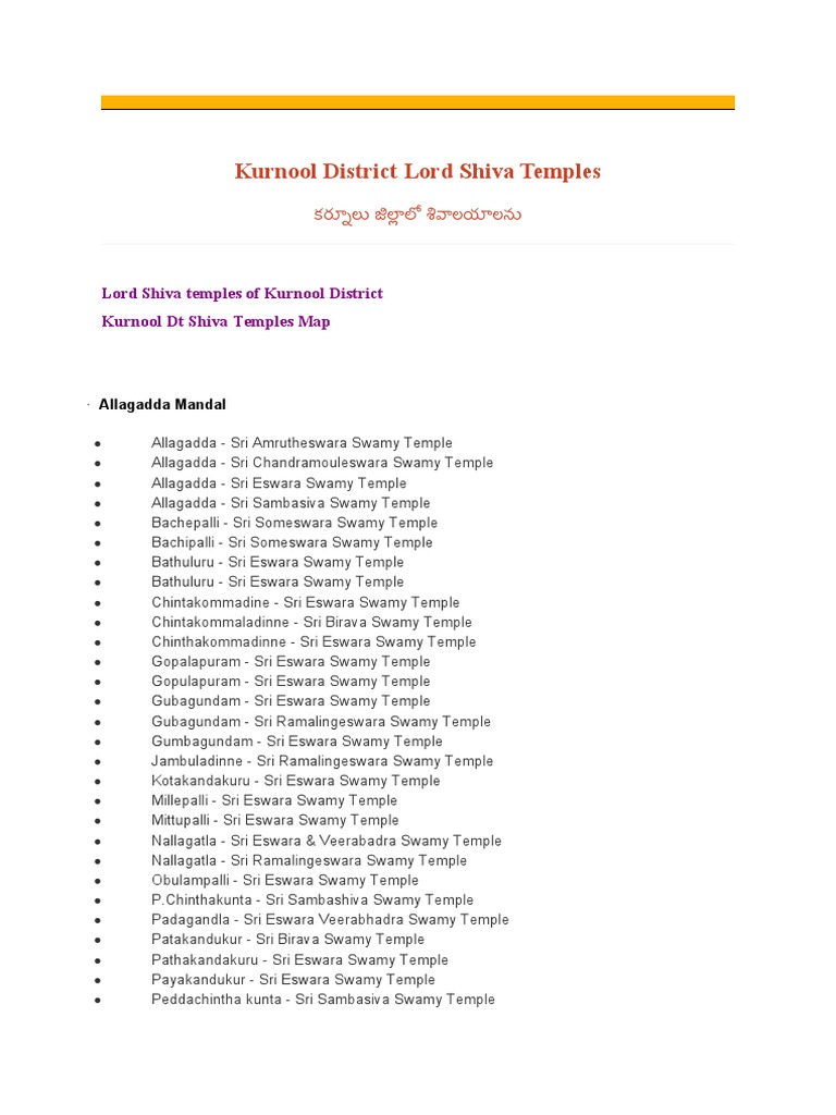 Kurnool Shiva Temples Map Guide | PDF | Religion & Spirituality