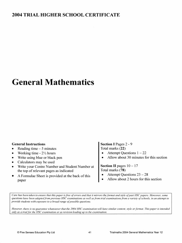 2004 Trial General Mathematics Year 12 Paper | PDF | Area | Depreciation