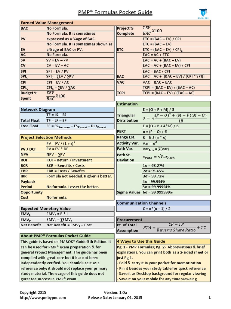 PMP Formulas Pocket Guide | PDF | Net Present Value | Internal Rate Of ...