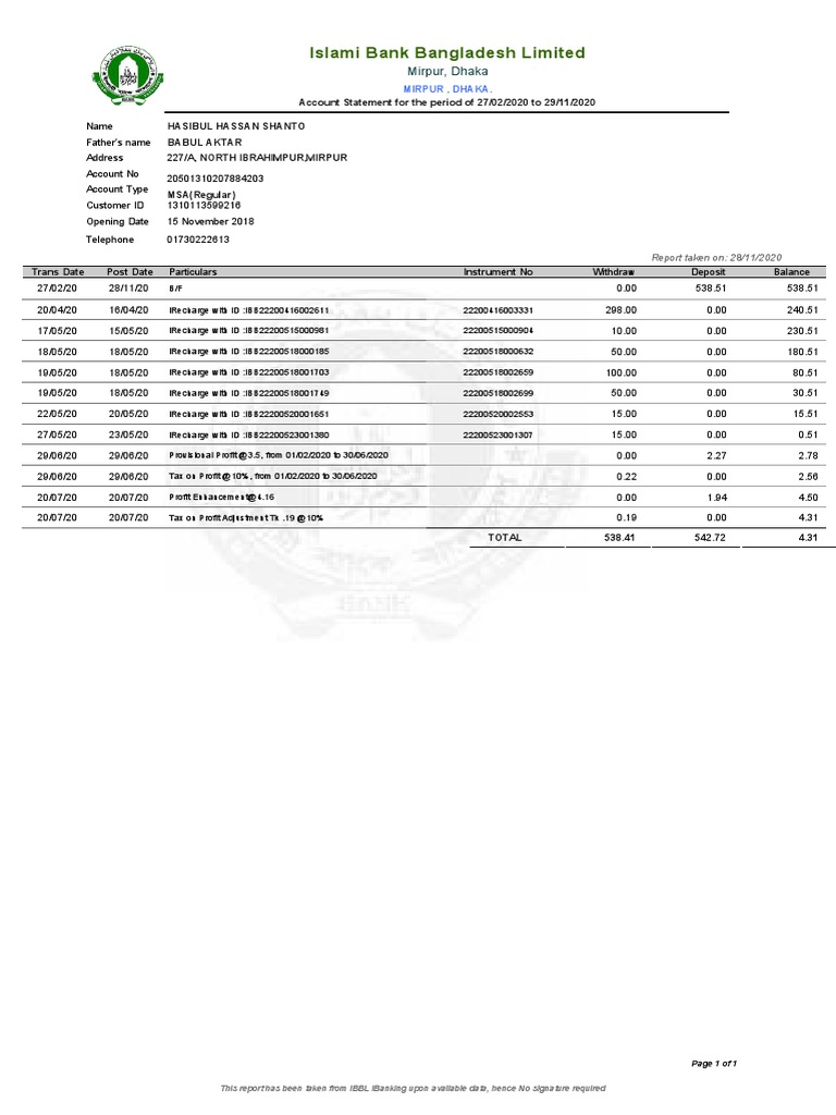 Islami Bank Account Statement 2020 | PDF | Financial Services | Banking