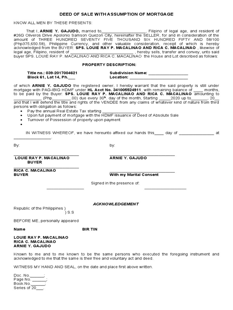 Deed of Sale With Assumption of Mortgage: Acknowledgement | PDF | Deed ...