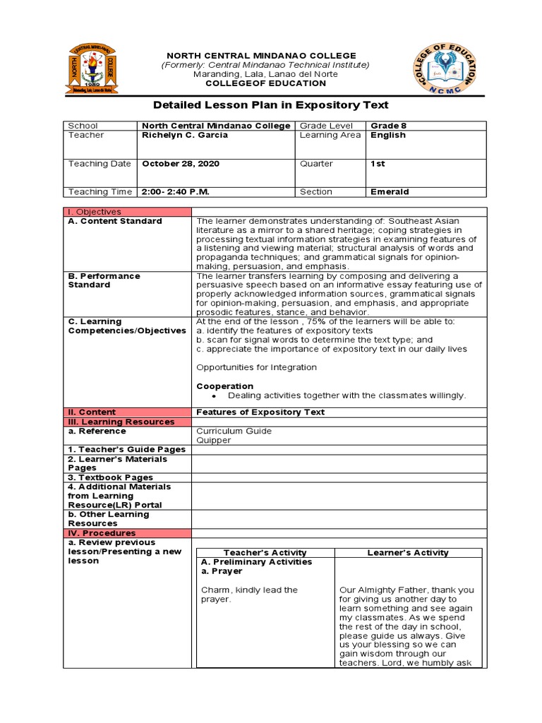 Detailed Lesson Plan in Expository Text: (Formerly: Central Mindanao ...