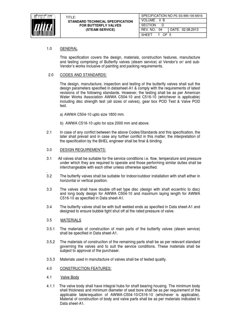 Standard Technical Specification-Bfv (SS) PDF | PDF | Valve ...