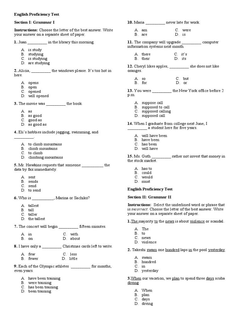 English Proficiency Test. QUESTIONNAIRE. EDITED | PDF