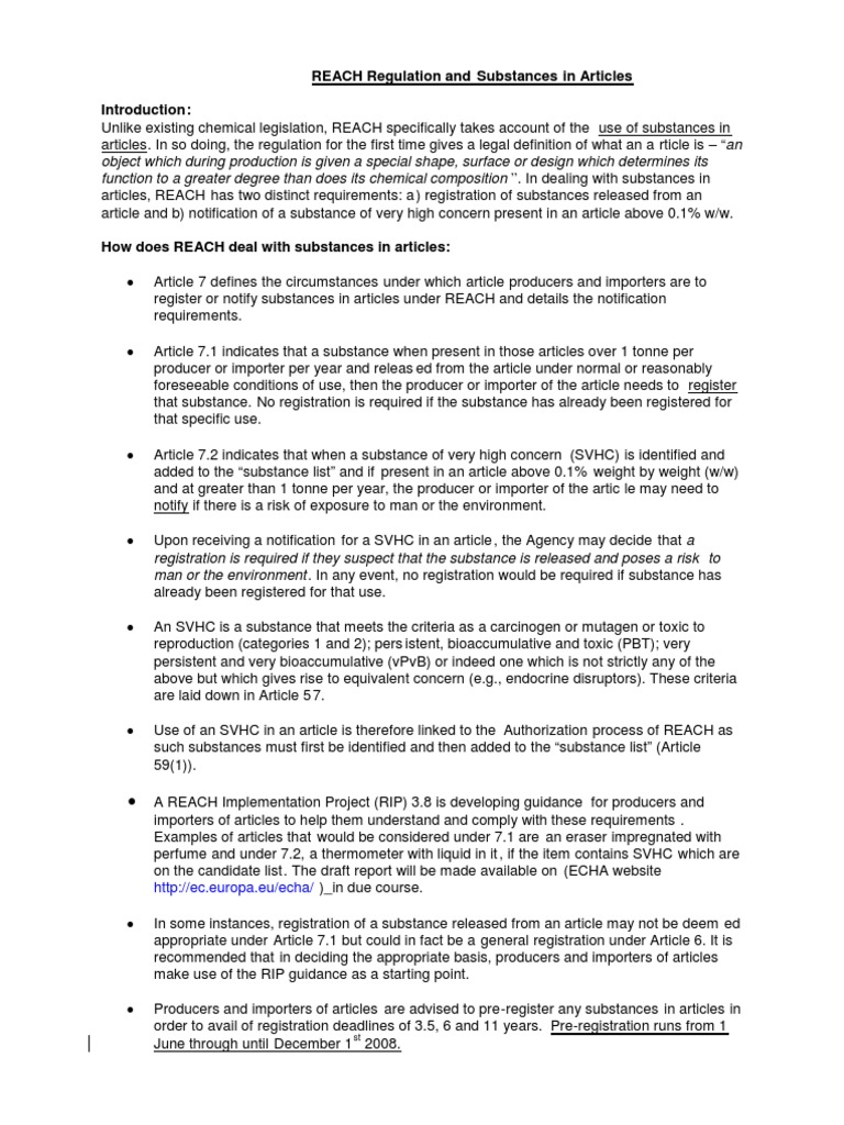 REACH Regulation and Substances in Articles | PDF | Occupational Safety ...