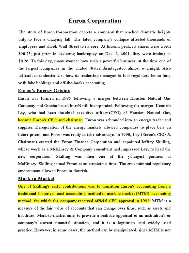 Enron Corporation Enron S Energy Origins Pdf Enron Mark To