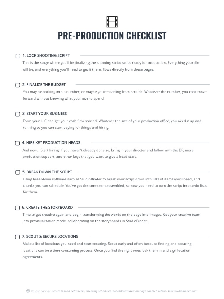 Pre-Production Checklist Made For Every Producer and Filmmaker - StudioBinder - Free Checklist ...