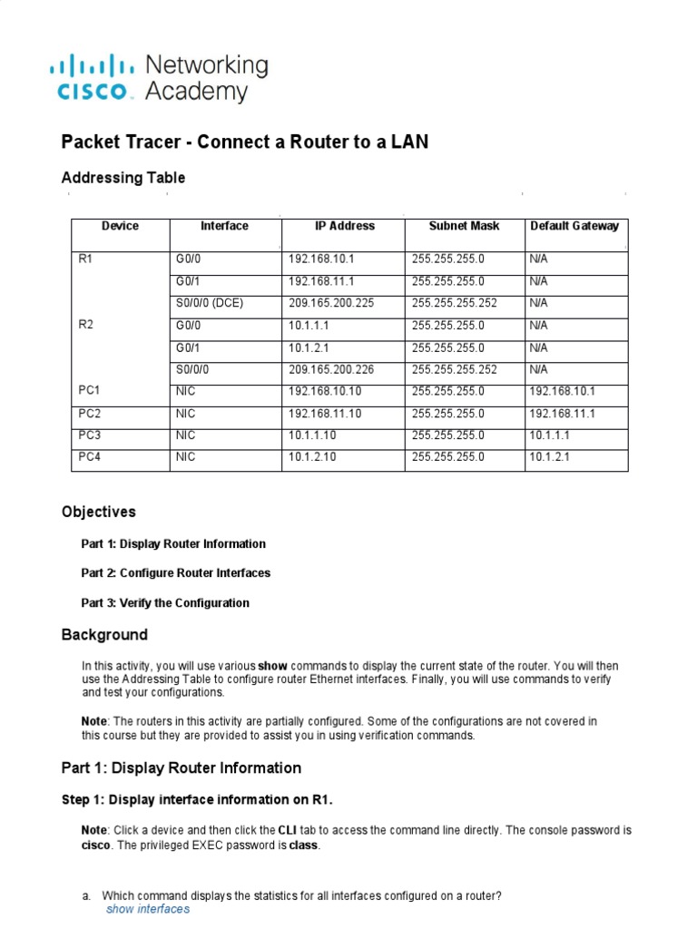 10.3.4 Packet Tracer - Connect A Router To A Lan | PDF | Router (Computing) | Routing