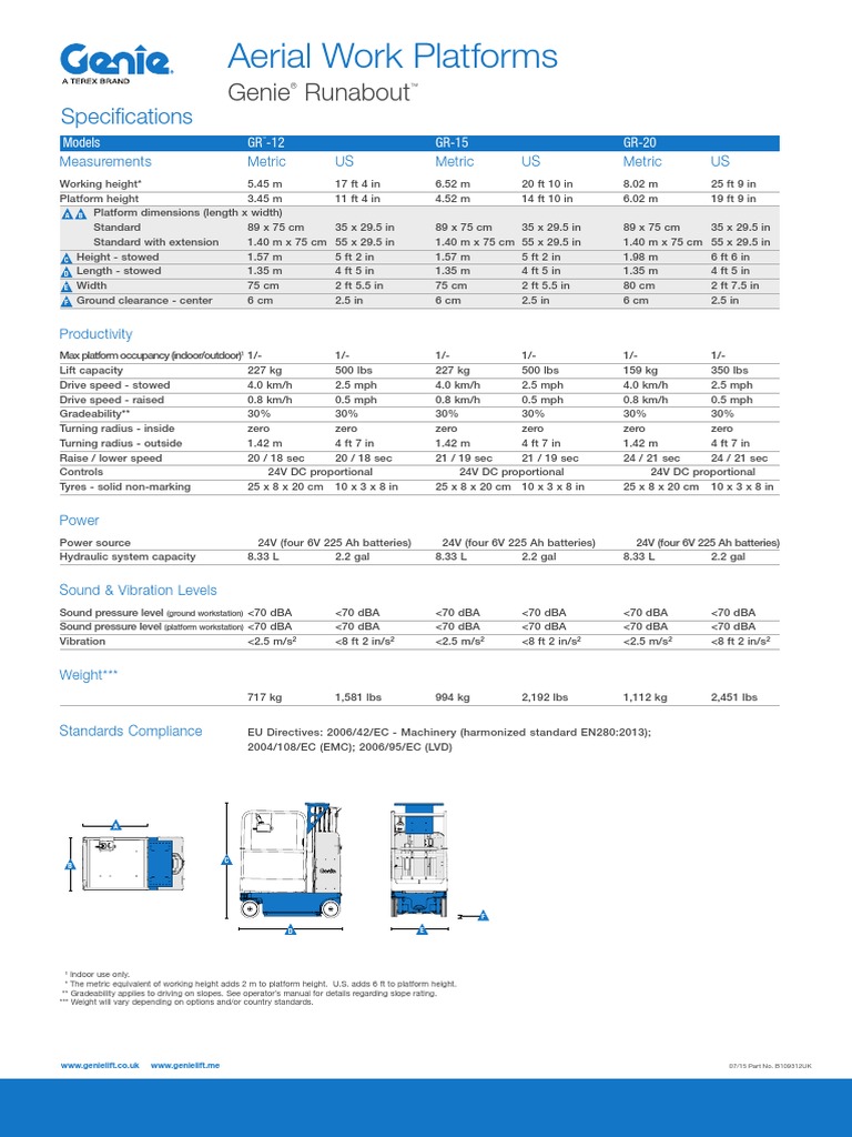 Genie GR 12, GR 15, GR 20 Specifications | PDF | Elevator | Length