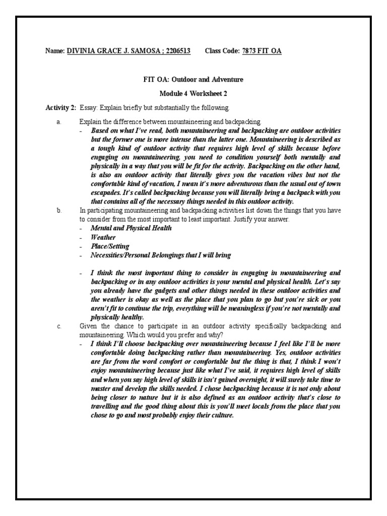 FIT OA Module 4 Worksheet 2 | PDF | Outdoor Recreation | Wellness