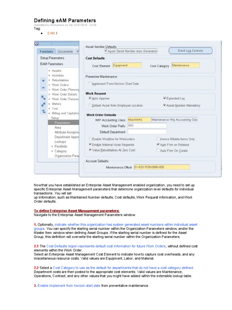 Setting Up EAM Parameters Guide | PDF | Inventory | Icon (Computing)