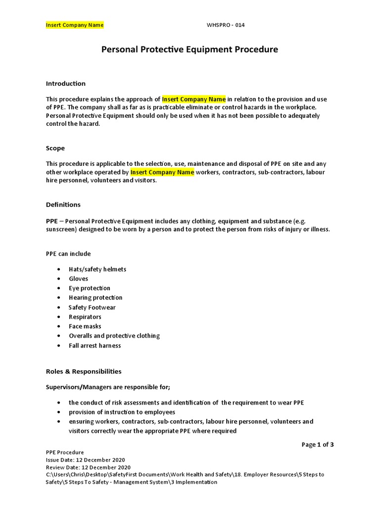 PPE Procedure and Standards Guide | PDF | Personal Protective Equipment ...