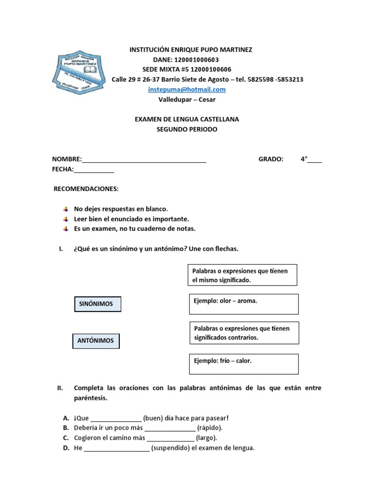 Examen de Español Segundo Periodo | PDF | Sustantivo | Lingüística