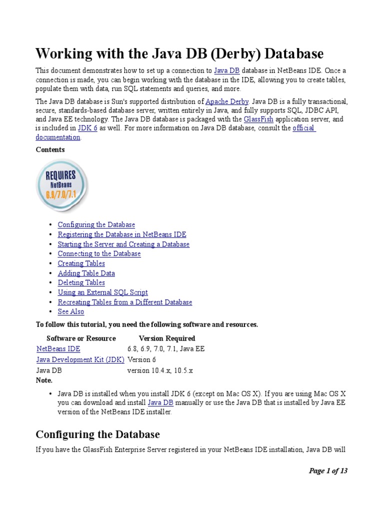 Working With The Java Db Derby Database Pdf Databases Java Programming Language 9411