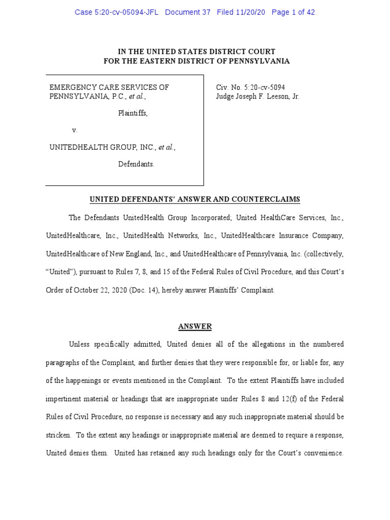UnitedHealth Vs TeamHealth Fraud Upcoding Lawsuit November 2020 | PDF ...
