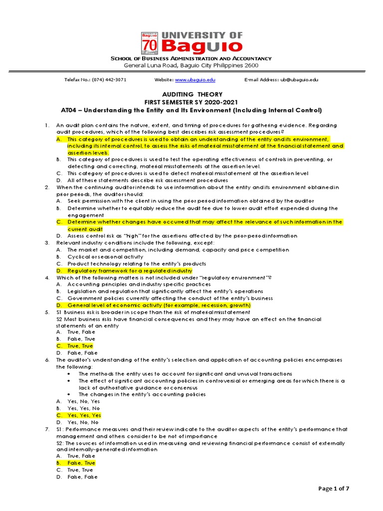 AT04 Understanding The Entity and Its Environment (PSA 330) | PDF | Internal Control | Audit