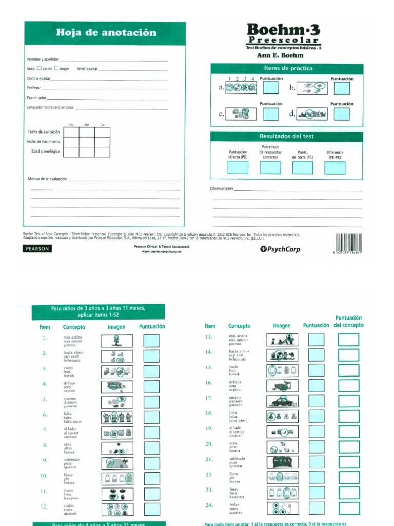 Hoja de Anotación Test (BOEHM-3) (Preescolar) PDF | PDF
