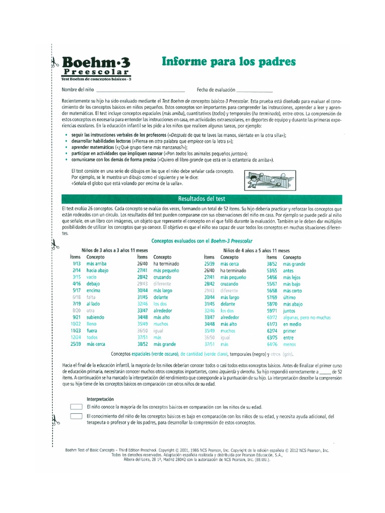 Informe para Los Padres Test (BOEHM-3) (Preescolar) PDF | PDF