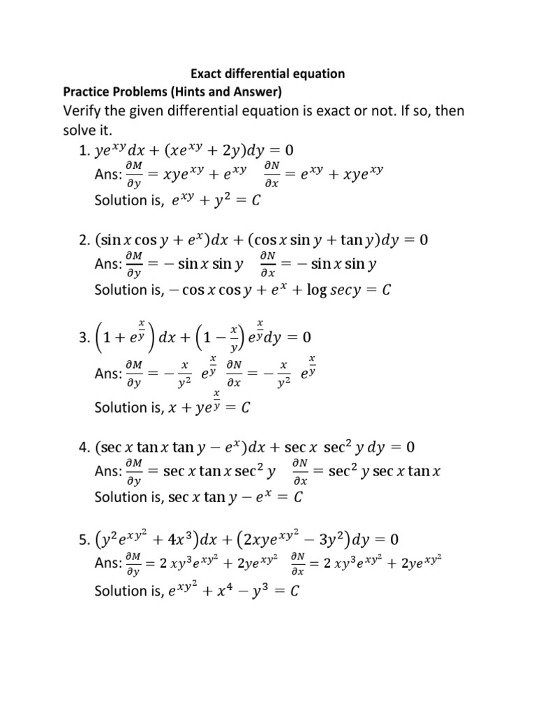 Exact Equations - Practice Problems (Hints and Answers) | PDF