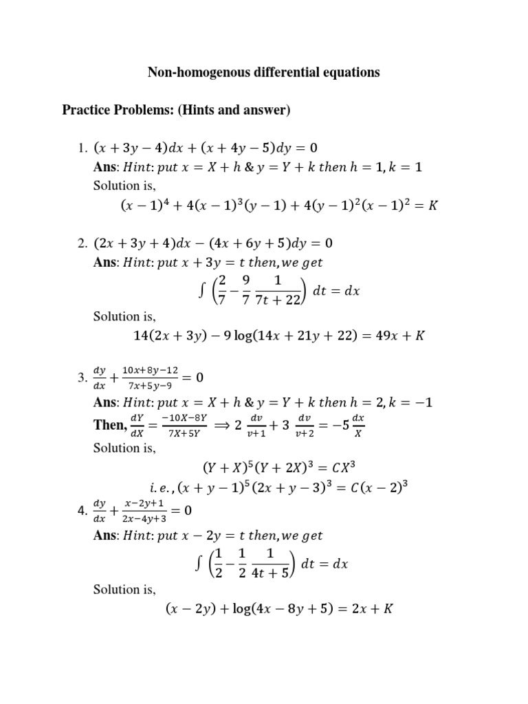 Non - Homogeneous Equations Practice Problems (Hint & Answer) | PDF