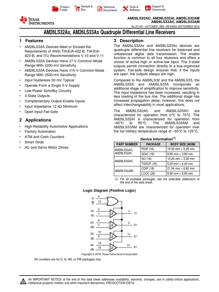 AM26LS32Ax, AM26LS33Ax Quadruple Differential Line Receivers | PDF ...