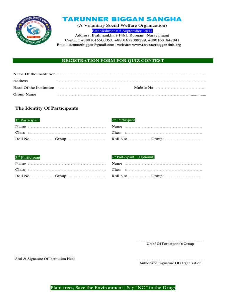 Quiz Registration Form - Tarunner Biggan School Based Quiz Competition ...
