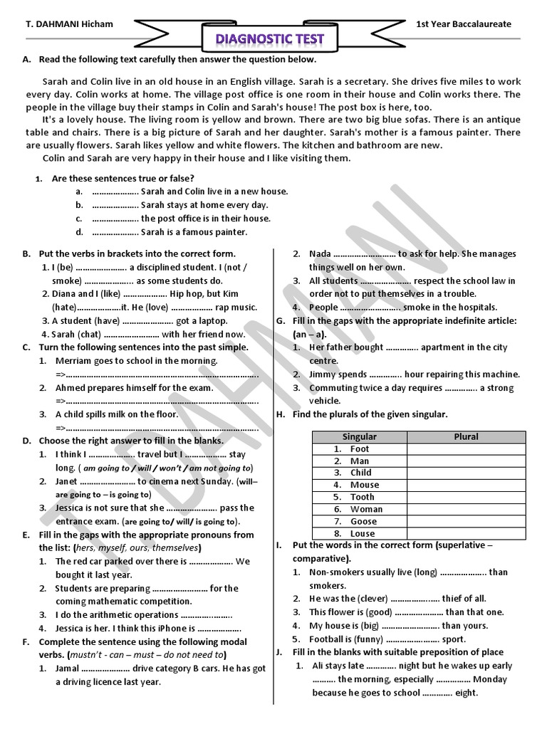 Diagnostic Test - First Year | PDF | Languages | Language Arts & Discipline