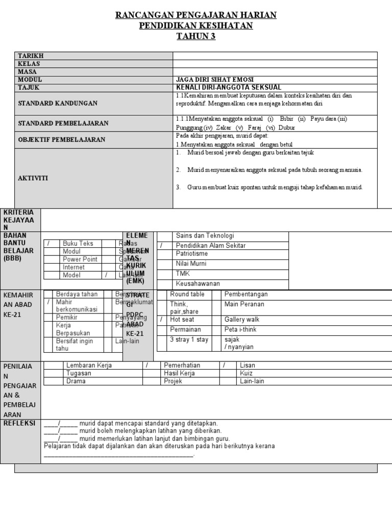 RPH PK Tahun 3 Minggu 1 | PDF