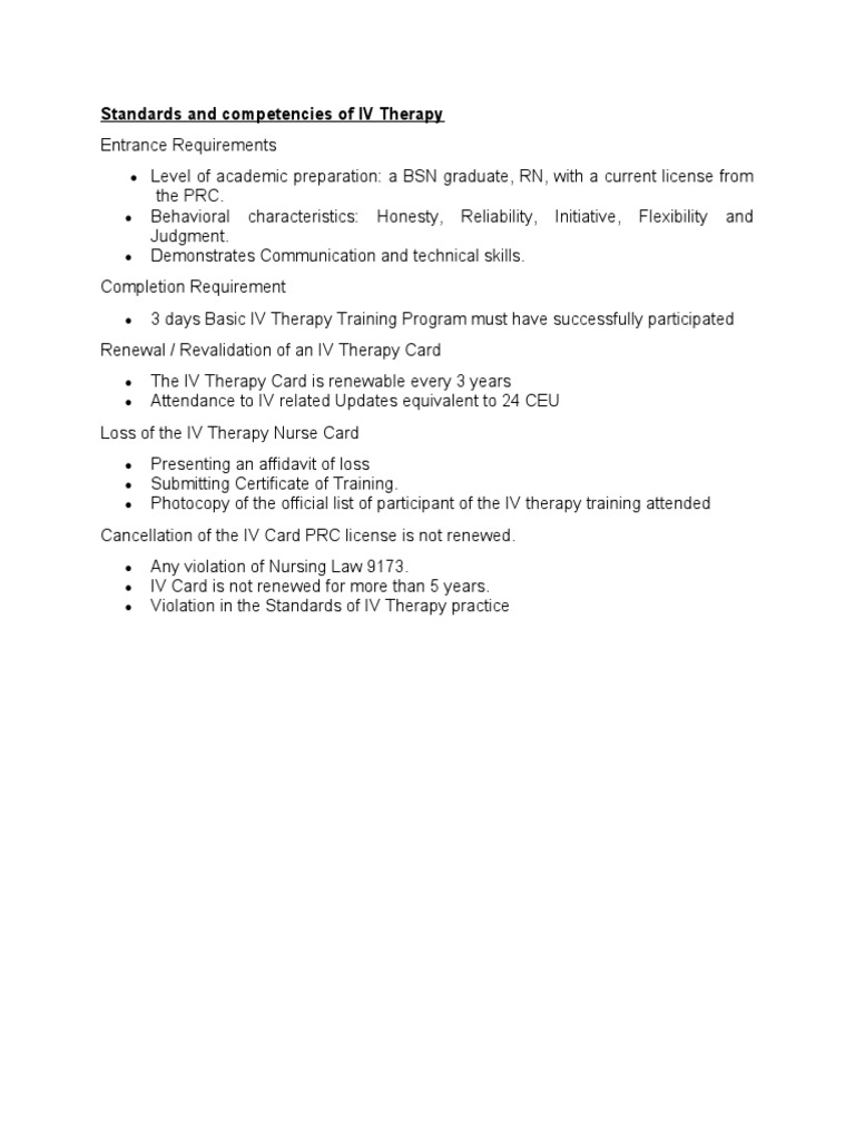 Standards and Competencies of IV Therapy | PDF
