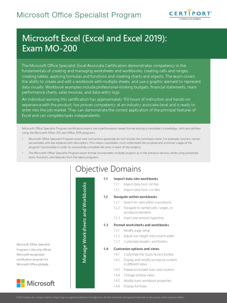 MOS Excel Associate (Excel 365 and Excel 2019) Objective Domains ...