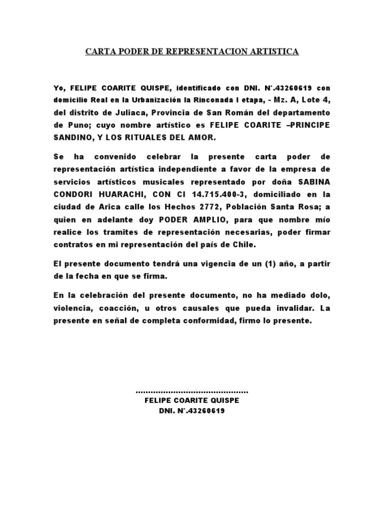 CARTA PODER DE REPRESENTACION ARTISTICA Principe | PDF