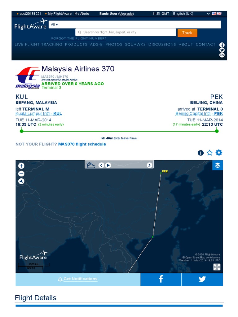 MH370 (MAS370) Malaysia Airlines Flight Tracking and History 11-Mar ...