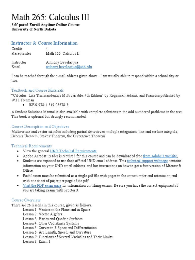 SPEA Syllabus Math 265 | PDF | Integral | Derivative